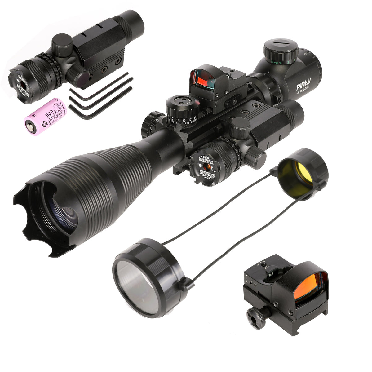 4-in-1 Rifle Scope Combo, 4-16*50mm Rangefinder Scope, Green Laser, Re