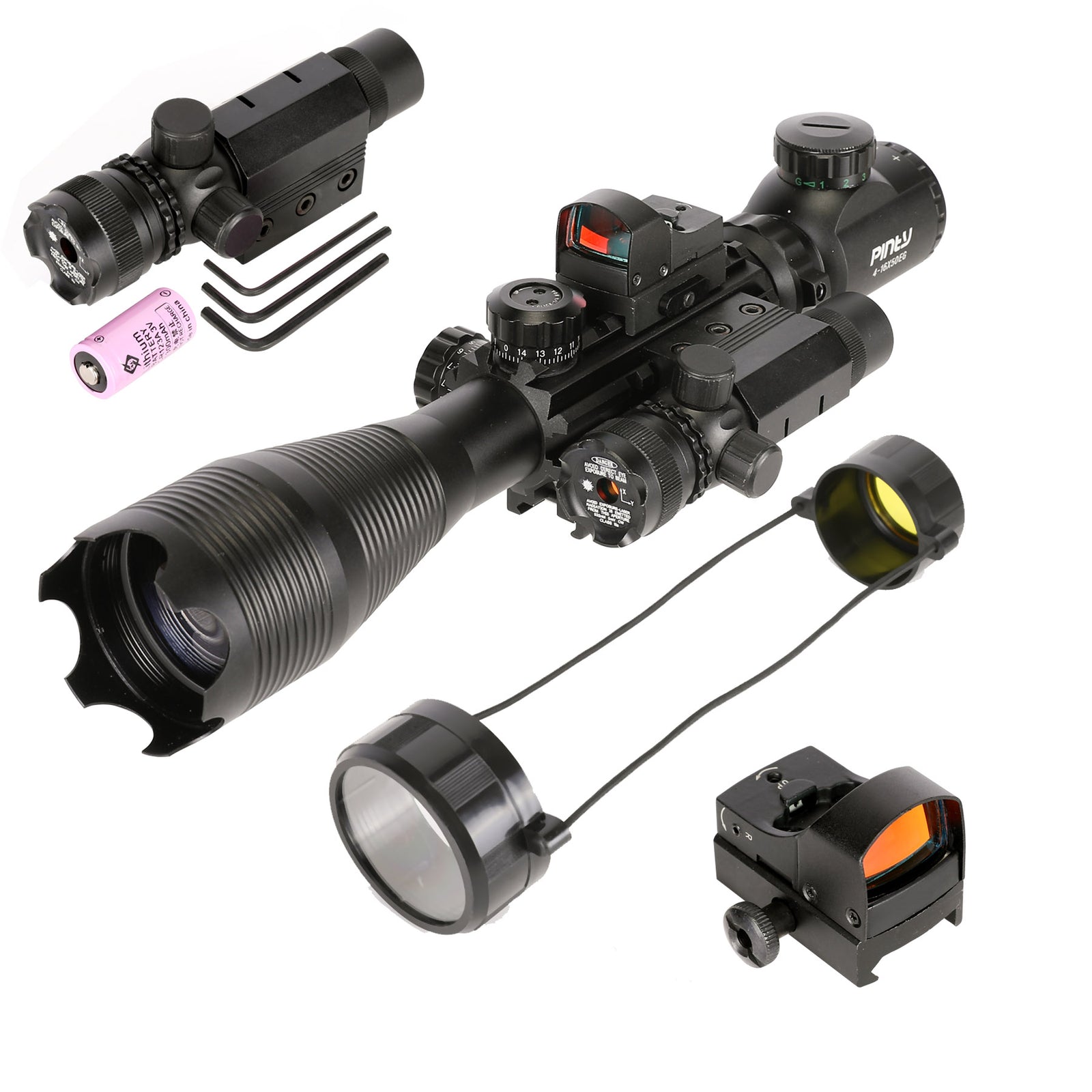 4-in-1 Rifle Scope Combo, 4-16*50mm Rangefinder Scope, Green Laser, Re