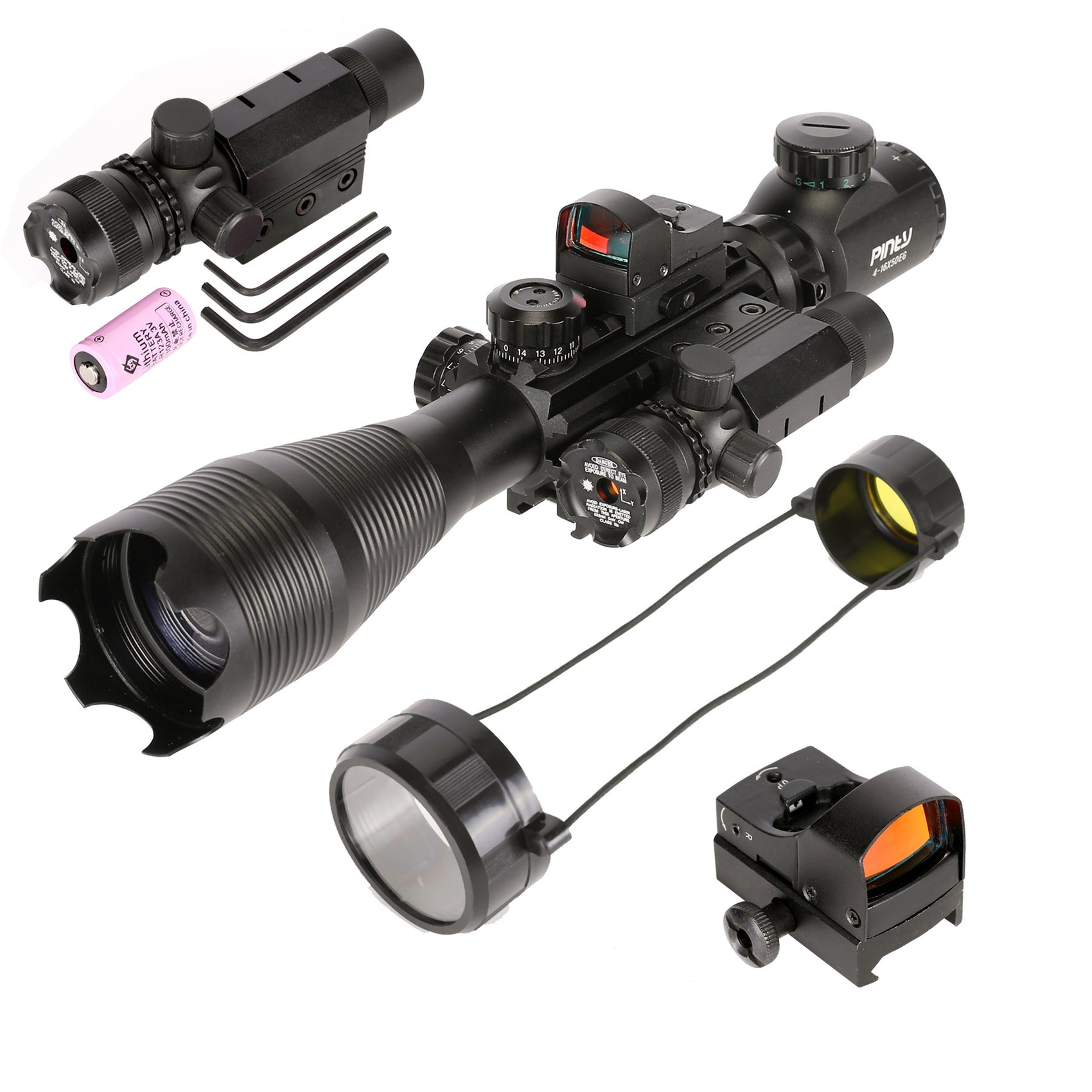 4-in-1 Rifle Scope Combo, 4-16*50mm Rangefinder Scope, Green Laser, Re