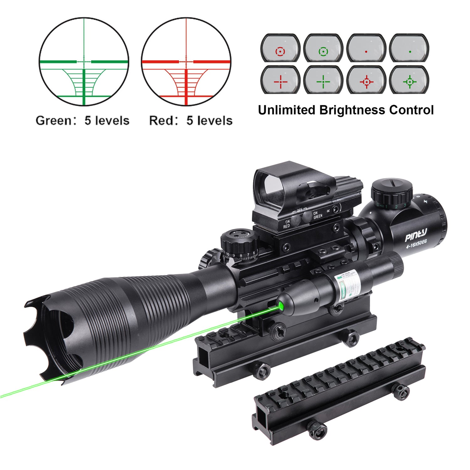 Pinty | 4-in-1 Rifle Scope 4-16X50 Optics/Green Laser/Holographic Dot