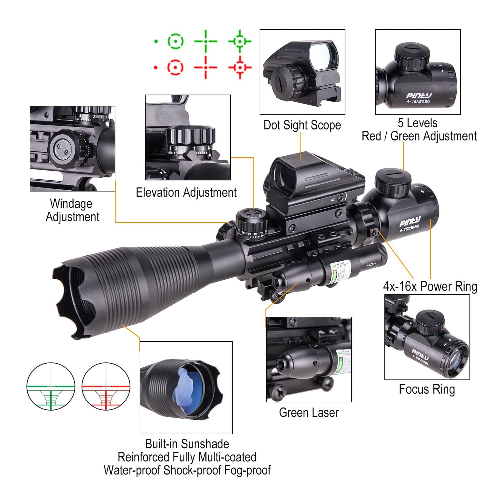 3 in 1 Scope Combo, 4-16x50EG Illuminated Rangefinder Rifle Scope,Gree